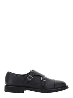 DOUCAL'S Double Buckle Round-toe Hammered Leather Loafers