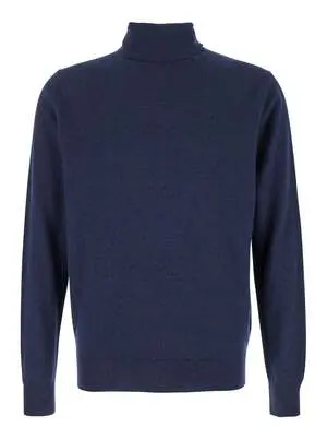 LEPLAIN Merino Wool & Silk Blend Turtleneck Sweater With Ribbed Cuff And Hem - Blu