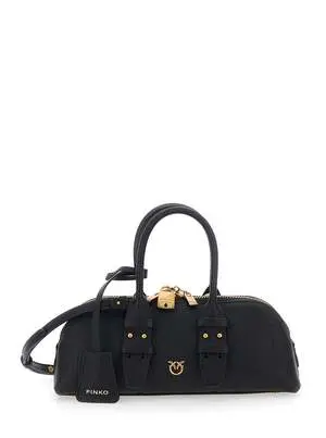 Pinko Bowler-style Grained Leather Handbag With Lock Charm, Front Love Birds Plaque & Removable Strap - Black