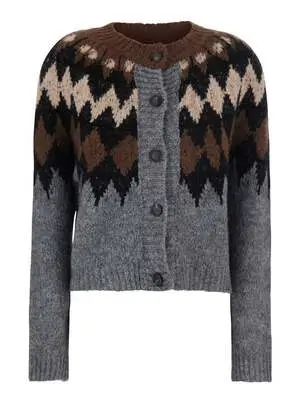 TELA Eiko Wool Sweater With Round Neck, Button Front & Zig-zag Motif - Multicolor