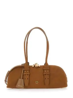 Pinko Love Birds Suede Bowling Horizontal Handbag With Top Zip, Locket Charm & Adjustable Shoulder Strap, 29x11x7 Cm - Brown