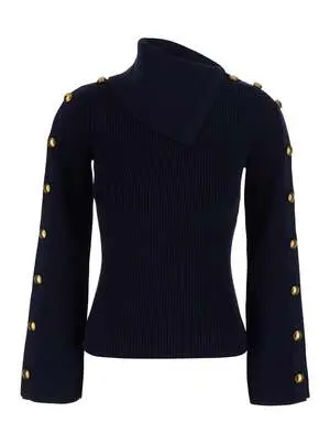 Elisabetta Franchi Elisabetta Franchi Asymmetrical High-Collar Viscose Sweater With Jewel Button Sleeves Blu