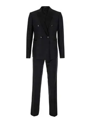 Emporio Armani Double-breasted Suit With Peak Lapels In Wool And Silk For - Black