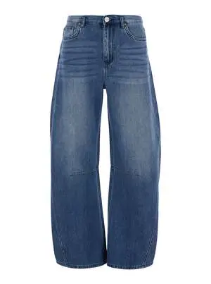 Pinko Pink Denim Five-pocket Jeans With Faded Effect, High-waist Wide Straight Fit - Blu