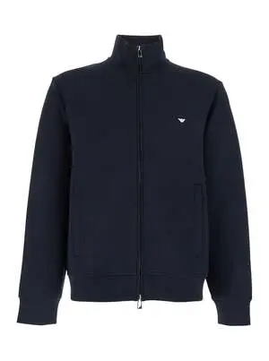 Emporio Armani S Cotton-blend High-neck Zip Sweatshirt With Front Logo Embroidery - Blu