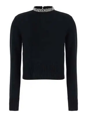 Pinko Berlino Cropped Fitted Wool Sweater With Rhinestone Neck Detail - Black