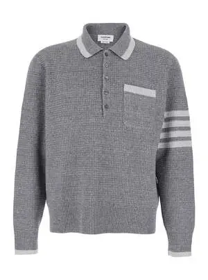 Thom Browne Wool & Silk Blend Polo Shirt With 4-bar Sleeve Detail - Grey