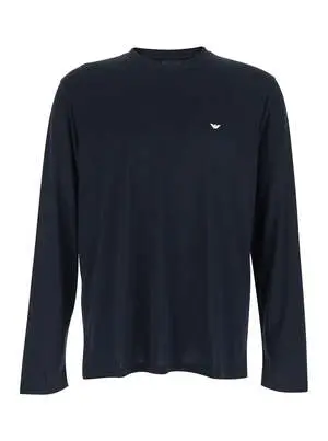 Emporio Armani S Cotton-blend Crewneck T-shirt With Front Logo Embroidery - Blu