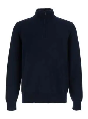 Emporio Armani S Half-zip Cotton Sweater With Embroidered Logo - Blu