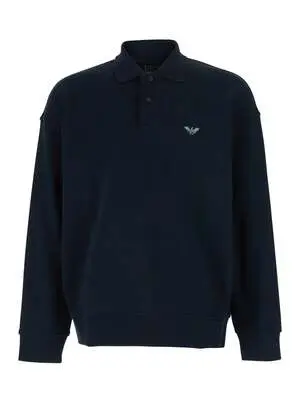 Emporio Armani S Cotton Polo-collar Sweatshirt With Logo Embroidery - Blu