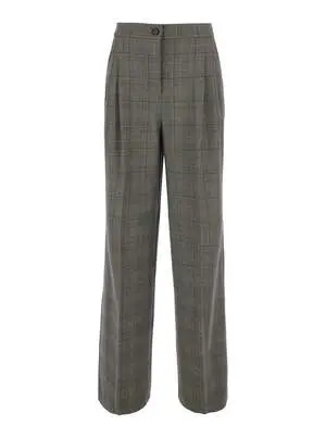 Pinko Logo Patch Straight-leg Check Wool-blend Pants With High Waist - Grey