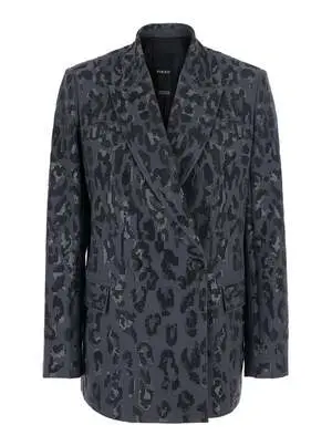 Pinko Double-breasted Jacket With Jaguar Rhinestone Embellishment And Peak Revers In Stretch Tech Fabric For - Grey