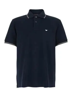 Emporio Armani Two-tone Collar Logo Embroidered Cotton Polo Shirt For - Blu