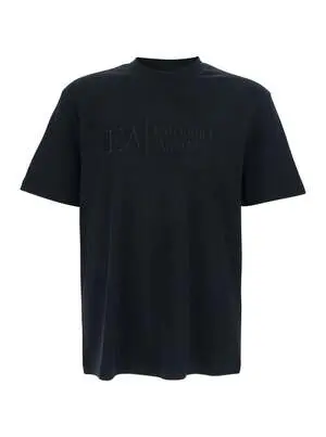 Emporio Armani S Cotton Crew Neck T-shirt With Embroidered Front Lettering Logo - Black