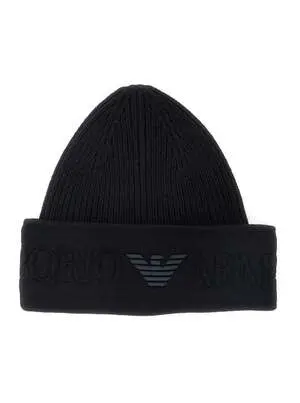 Emporio Armani Maxi Logo Embroidered Wool Beanie With Turn-up Brim - Black