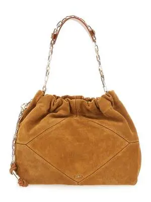 Ba&sh Suede Shoulder Handbag With Chain Strap And Front Diamond Cutouts, Ruched Top Detail 31x16x12 Cm - Beige