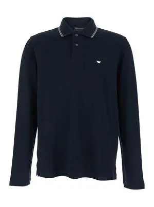 Emporio Armani Long Sleeve Cotton Polo Shirt With Front Logo For - Blu