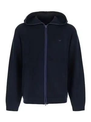 Emporio Armani S Wool Zip-up Sweater With Fixed Hood And Front Logo Patch - Black