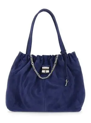 Marc Jacobs Suede Shoulder Tote Bag With Chain Detail, Padlock & Key Pendant, Drawstring Closure, 43x28x15 Cm - Blu