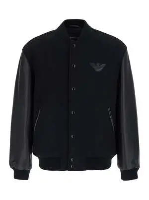 Emporio Armani S Leather & Wool Varsity Jacket With Chest Logo Patch