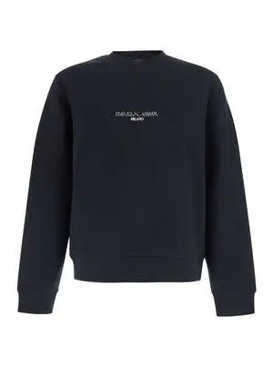 Emporio Armani S Logo Lettering Cotton Sweatshirt With Crew Neck - Blu