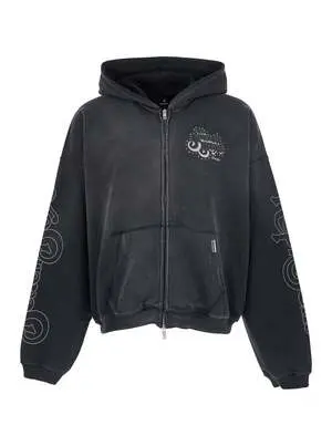REPRESENT Cotton Hooded Zip Sweatshirt With Maxi Back And Sleeve Print - Black