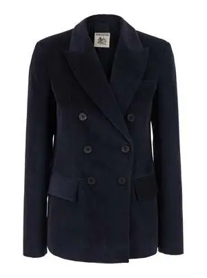 SEMICOUTURE Corduroy Double-breasted Blazer Jacket With Peak Revers And Flap Pockets - Blu