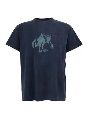 ERL Cotton T-shirt With Front Print, Stand-up Collar & Front Pocket - Blu