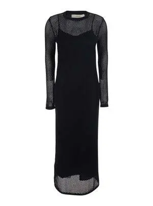 JUCCA Long-sleeve V-neck Perforated Detail Dress - Black