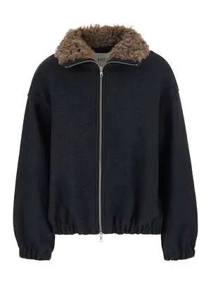 JUCCA Wool Blend Bomber Jacket With Fur Collar And Dropped Shoulders - Grey