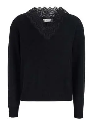 JUCCA V-neck Jersey Top With Lace Front Details And Long Sleeves - Black