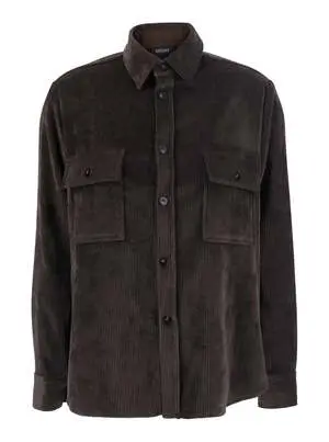 LEPLAIN Corduroy Button-front Shirt With Classic Collar And Patch Pockets - Brown