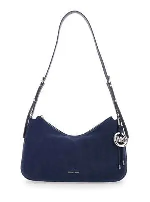 Michael Kors Nolita Medium Suede Shoulder Handbag With Logo Charm And Adjustable Strap - Blu