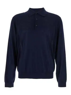 SUNFLOWER Classic Collar Wool Long-sleeve Polo Shirt With Ribbed Trims - Blu