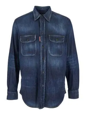 Dsquared2 Denim Shirt With Pointed Collar, Elbow Patches & Flap Pockets - Blu