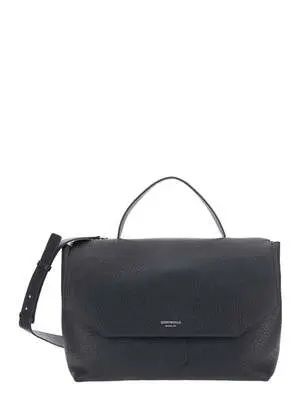 Emporio Armani 100% Calf Leather Handbag With Top Handles And Zip Closure - Black