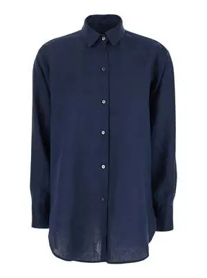 LEPLAIN Linen Button-up Shirt With Classic Collar And Relaxed Long Sleeves - Blu