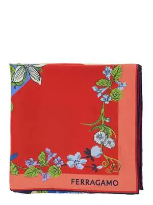 FERRAGAMO 90x90 Cm Silk Scarf With Floral Print Motif And Lettering Logo - Red