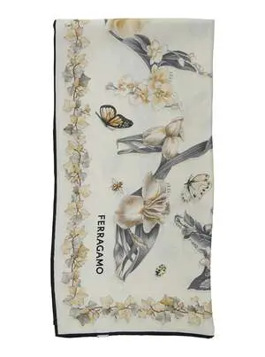 FERRAGAMO Silk Square Scarf With All-over Floral Print, 90x90 Cm - Beige