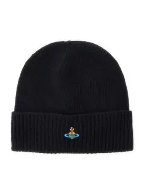 VIVIENNE WESTWOOD Cashmere Beanie With Ribbed Brim And Orb Patch - Black