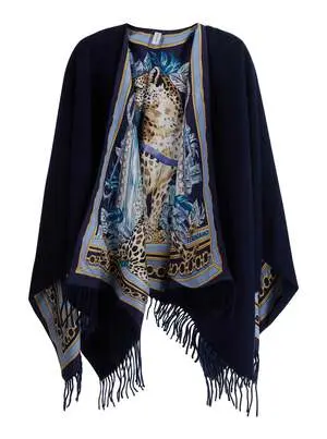 FERRAGAMO Cashmere & Wool Cape With All-over Print And Frayed Edges - Blu