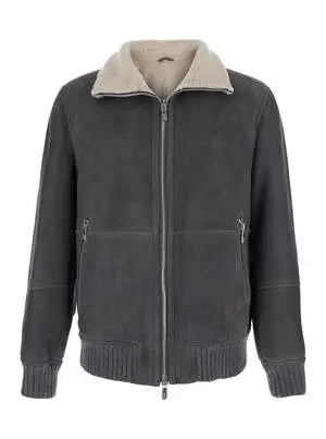 Brunello Cucinelli High-collar Leather Jacket With Fur Lining And Zip Pockets - Grey