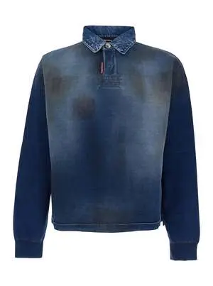 Dsquared2 Cotton Sweatshirt With Polo-style Collar, Faded Effect & Button Placket