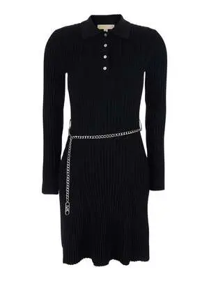Michael Kors Knit Polo Collar Flared Mini Dress With Chain Detail - Black