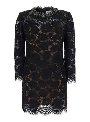 SELF-PORTRAIT Asymmetrical Mini Dress With Beaded Collar And All-over Lace Embroidery - Black