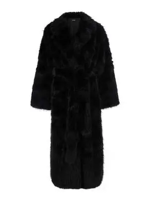 LEPLAIN Long Notched-collar Eco-fur Longline Jacket With Adjustable Waist Belt - Black