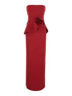 ROTATE BY BIRGER CHRISTENSEN Tech Fabric Long Sleeveless Dress With Front Floral Detail - Red