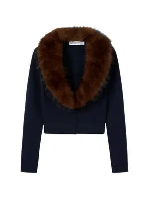 SELF-PORTRAIT Fur Collar Knit Cardigan - Navy