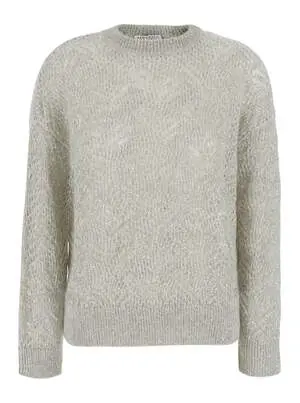 Brunello Cucinelli Sequin-embellished Crewneck Sweater In Wool Blend With Ribbed Trim - Grey
