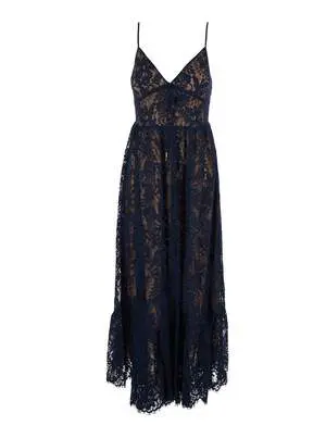 Michael Kors Long V-neck Lace Dress With Thin Straps In Cotton-blend - Blu
